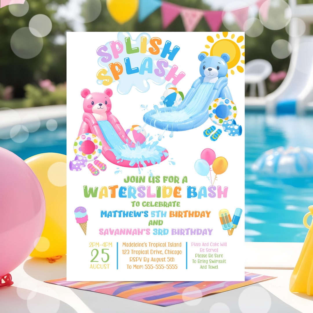 Editable Waterslide Birthday Party Invitation Blue Pink Water Slide ...