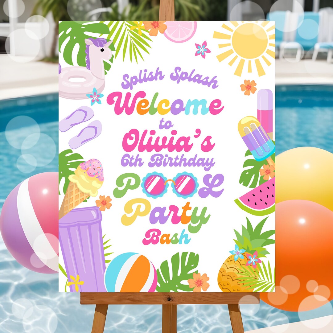 Editable Pool Party Welcome Sign Tropical Splish Splash Unicorn Pool ...