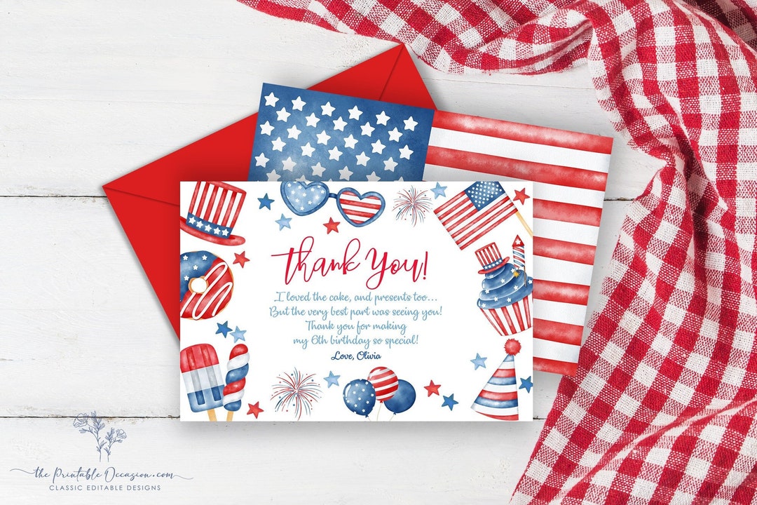 EDITABLE 4th of July Thank You Card Template, Patriotic Thank You Card ...