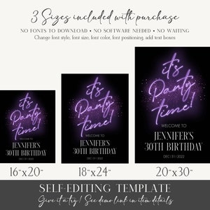 It's Party Time Welcome Sign Template Printable Purple Neon Party Sign ...