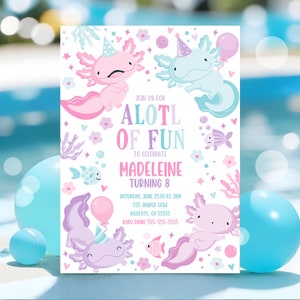 Editable Axolotl Birthday Party Invitation Cute Axolotl Lake Birthday ...