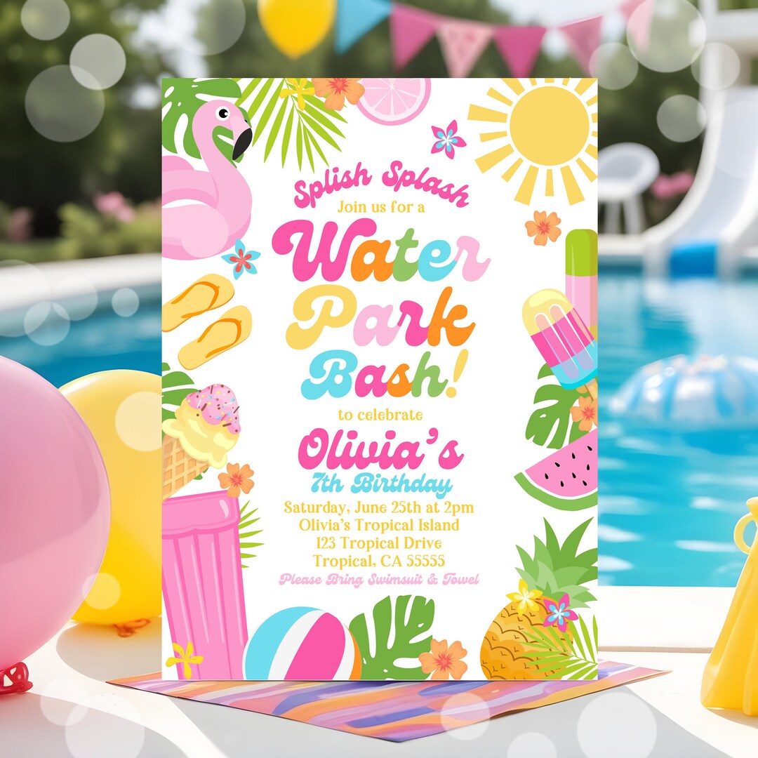EDITABLE Water Park Birthday Party Invitation Tropical Splish Splash ...