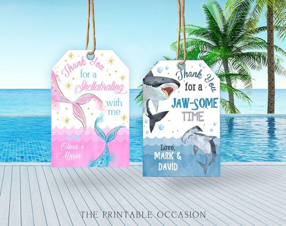 EDITABLE Sharks and Mermaids Birthday Favor Tags, Printable Shark and ...