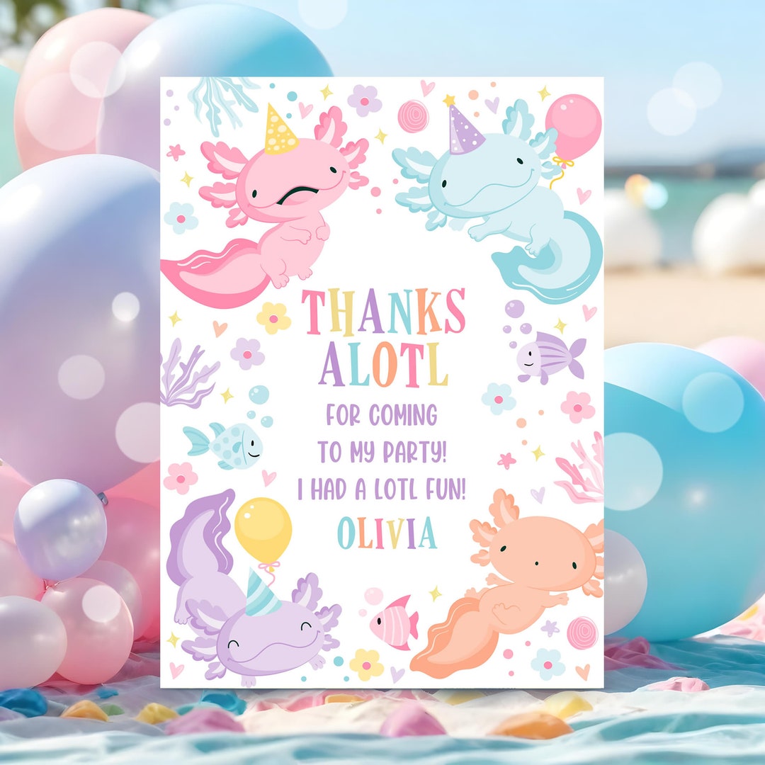 Editable Axolotl Thank You Card Axolotl Birthday Party Thank You Cute ...