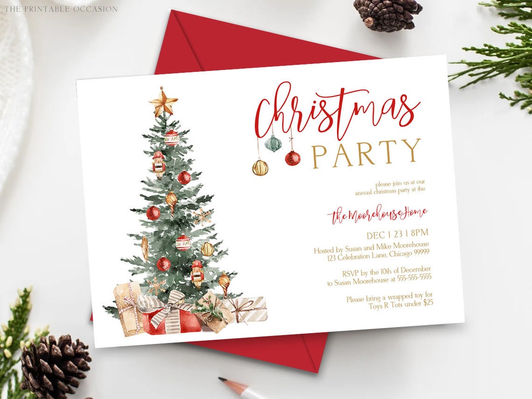 Christmas Party Invitation Template Red Gold Christmas Party Invite ...