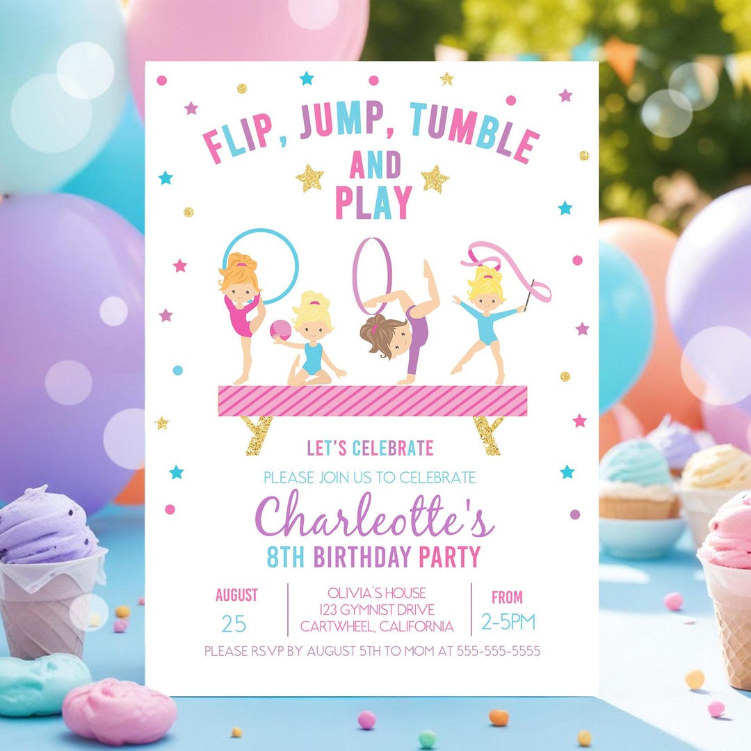 Editable Gymnastics Birthday Invitation Gymnastics Party Invitation ...