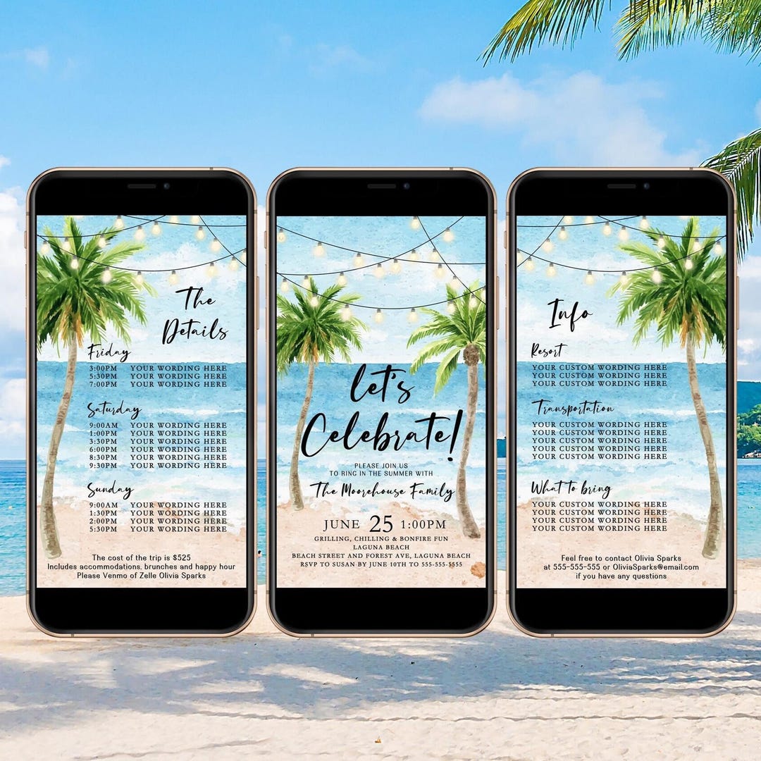 Beach Party Invitation Evite With Details and Itinerary Lets Celebrate ...