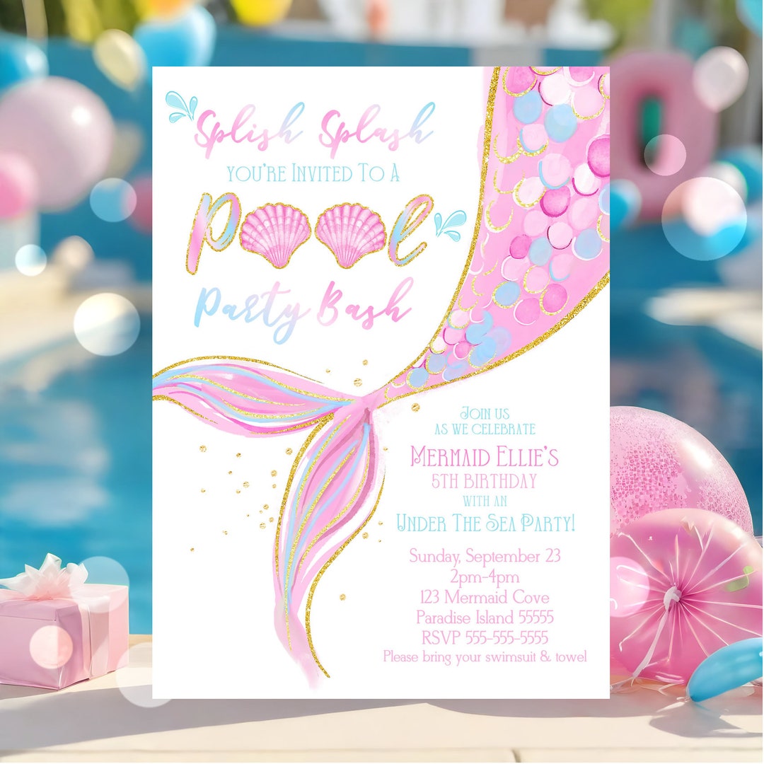 Editable Mermaid Under the Sea Pool Party Invitation Girl Birthday ...