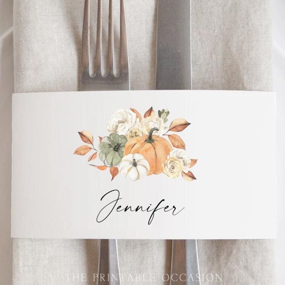 Thanksgiving Name Card Template Pumpkin and Flowers Place Card ...