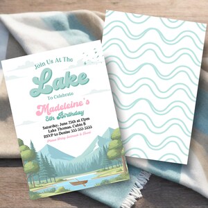 Girl's Lake Birthday Party Invitation Template Pink Boat Lake Birthday ...