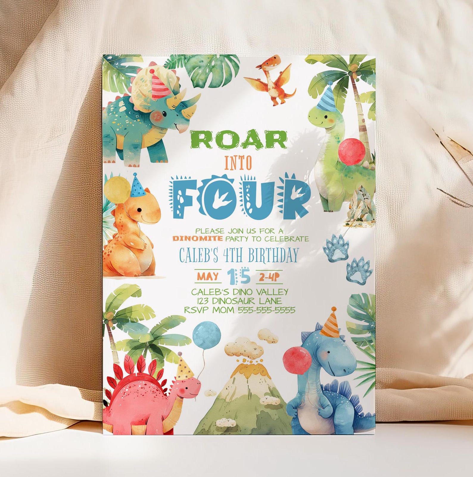 Editable Dinosaur 4th Birthday Invitation Roar Into Four T Rex Party ...