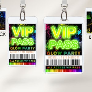EDITABLE Glow Birthday Party Lanyard VIP Invitation and All Access Pass ...