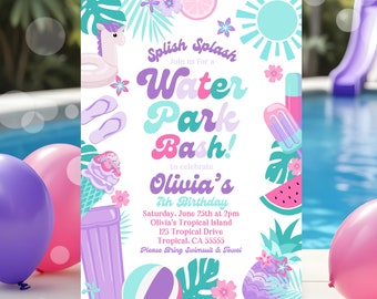 Editable Water Park Birthday Party Invitation Tropical Splish Splash ...
