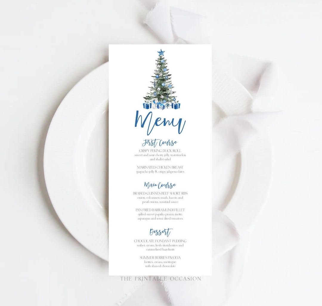 Blue Christmas Menu Template Editable, Christmas Tree Dinner Party ...