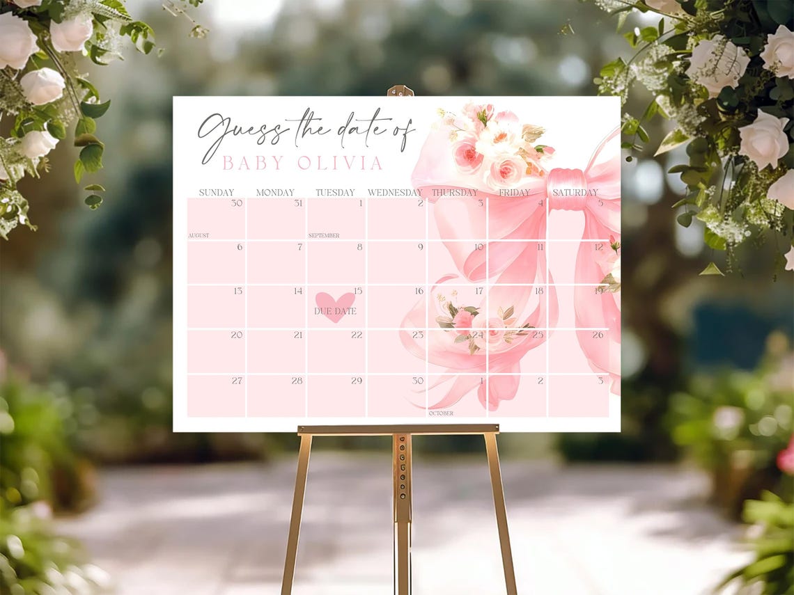 Pink Bow Baby Shower Due Date Calendar Sign Baby Coquette Bow Arrival ...