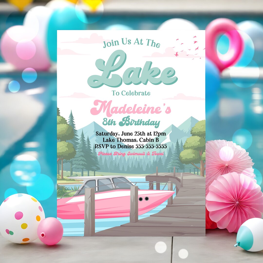 Girl's Lake Birthday Party Invitation Girl's Pink Boat Lake Birthday ...