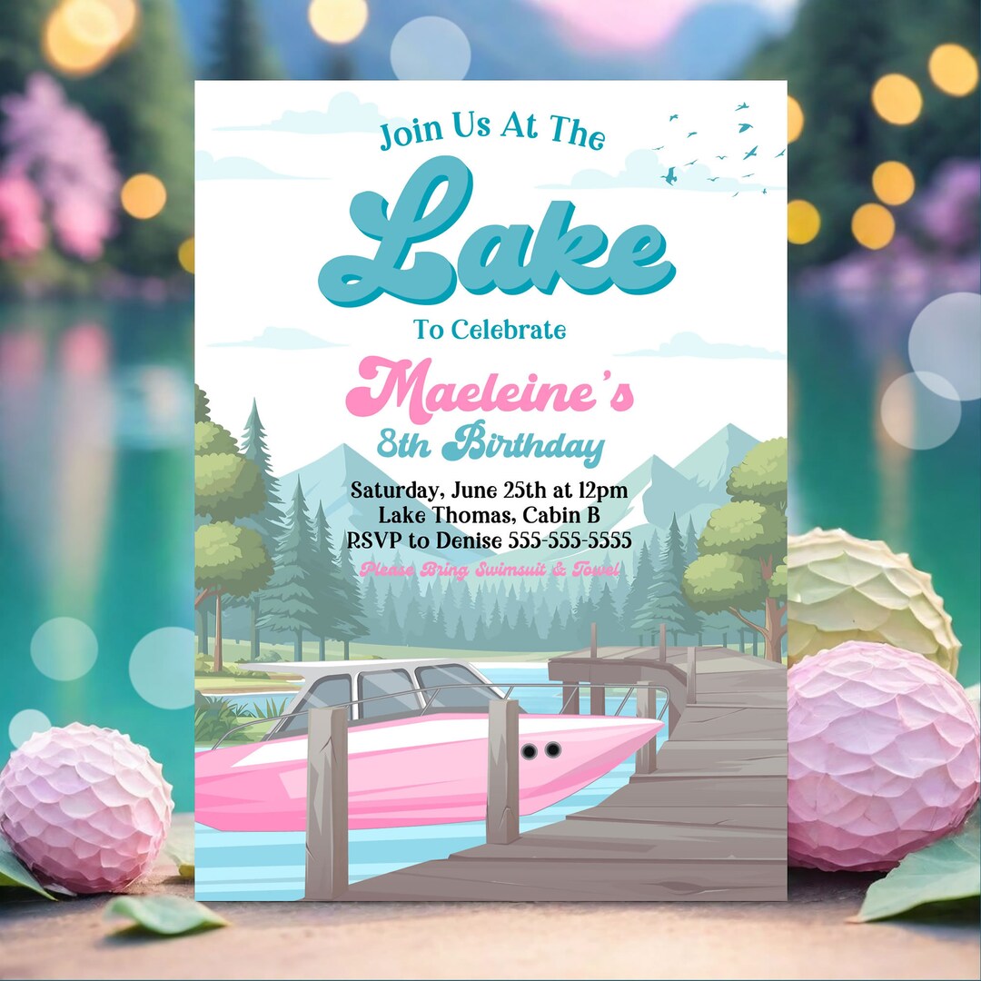 Girl's Lake Birthday Party Invitation Girl's Pink Boat Lake Birthday ...