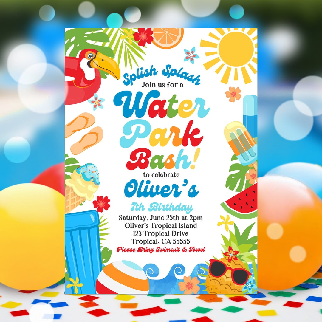 Boy's Water Park Birthday Party Invitation Tropical Splish Splash Boy's ...