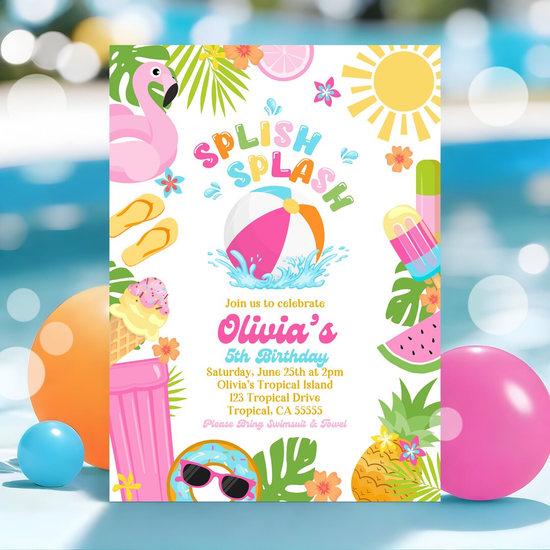 Editable Splish Splash Birthday Invitation Pool Party Girl Summer Waterslide Water Party Pink ...