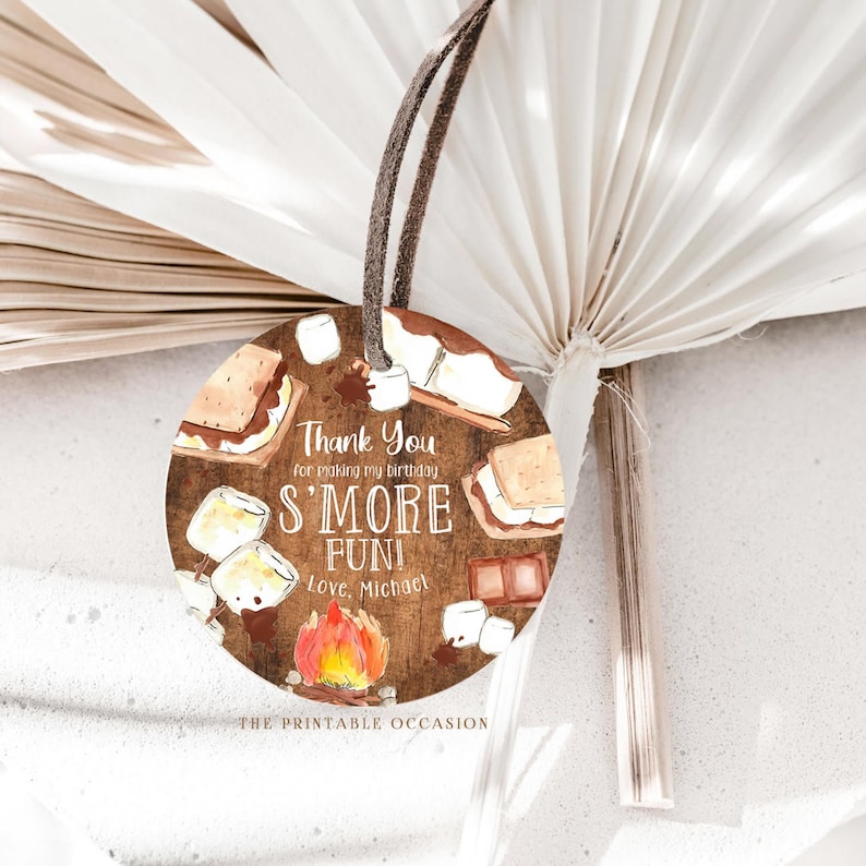 Round Smores Birthday Thank You Tags Template Rustic Smore - Etsy