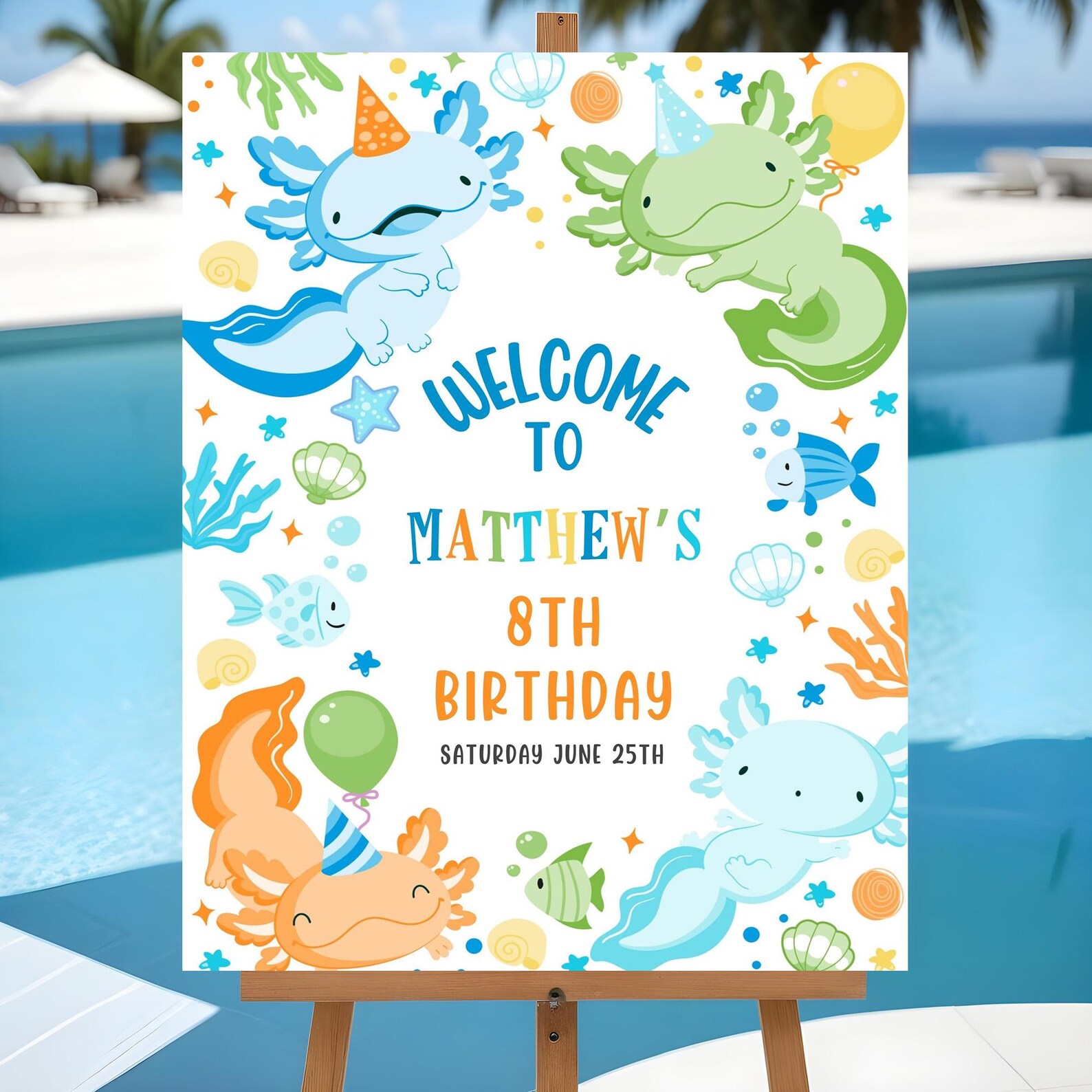 Editable Axolotl Birthday Welcome Sign Boy Under the Sea Party Poster ...