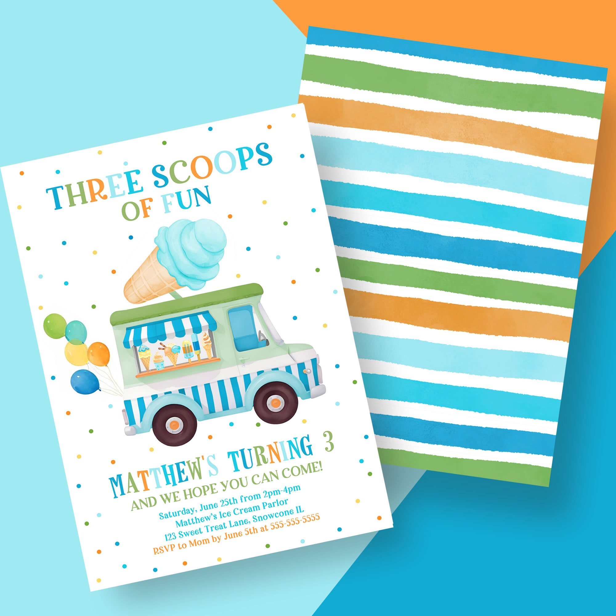 Editable Ice Cream Truck Three Scoops of Fun 3rd Birthday Party ...