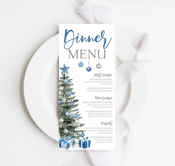 EDITABLE Christmas Dinner Menu, Blue Silver Christmas Tree Menu ...