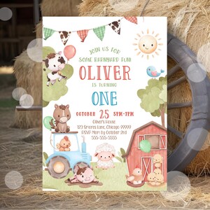 Editable Farm Animal 1st Birthday Invitation Boy Farm First Birthday ...