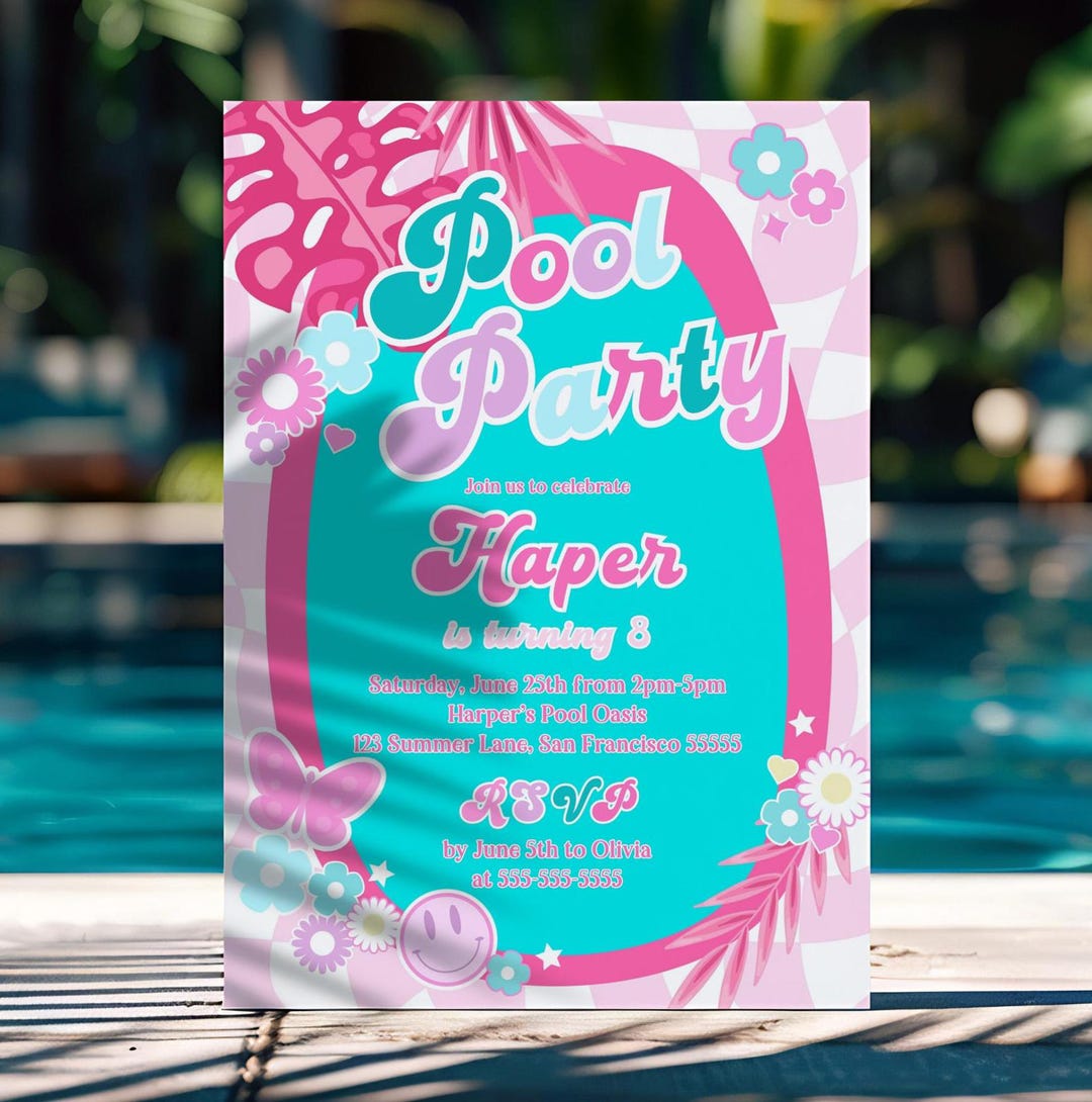 Editable Checkered Smiley Face Pool Party Birthday Invite Groovy Retro ...