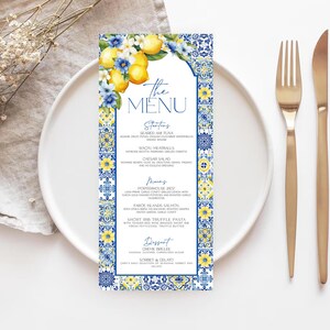 Blue Tiles Lemon Menu Template Italy Wedding Menu Printable ...