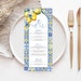 Blue Tiles Lemon Menu Template Italy Wedding Menu Printable ...