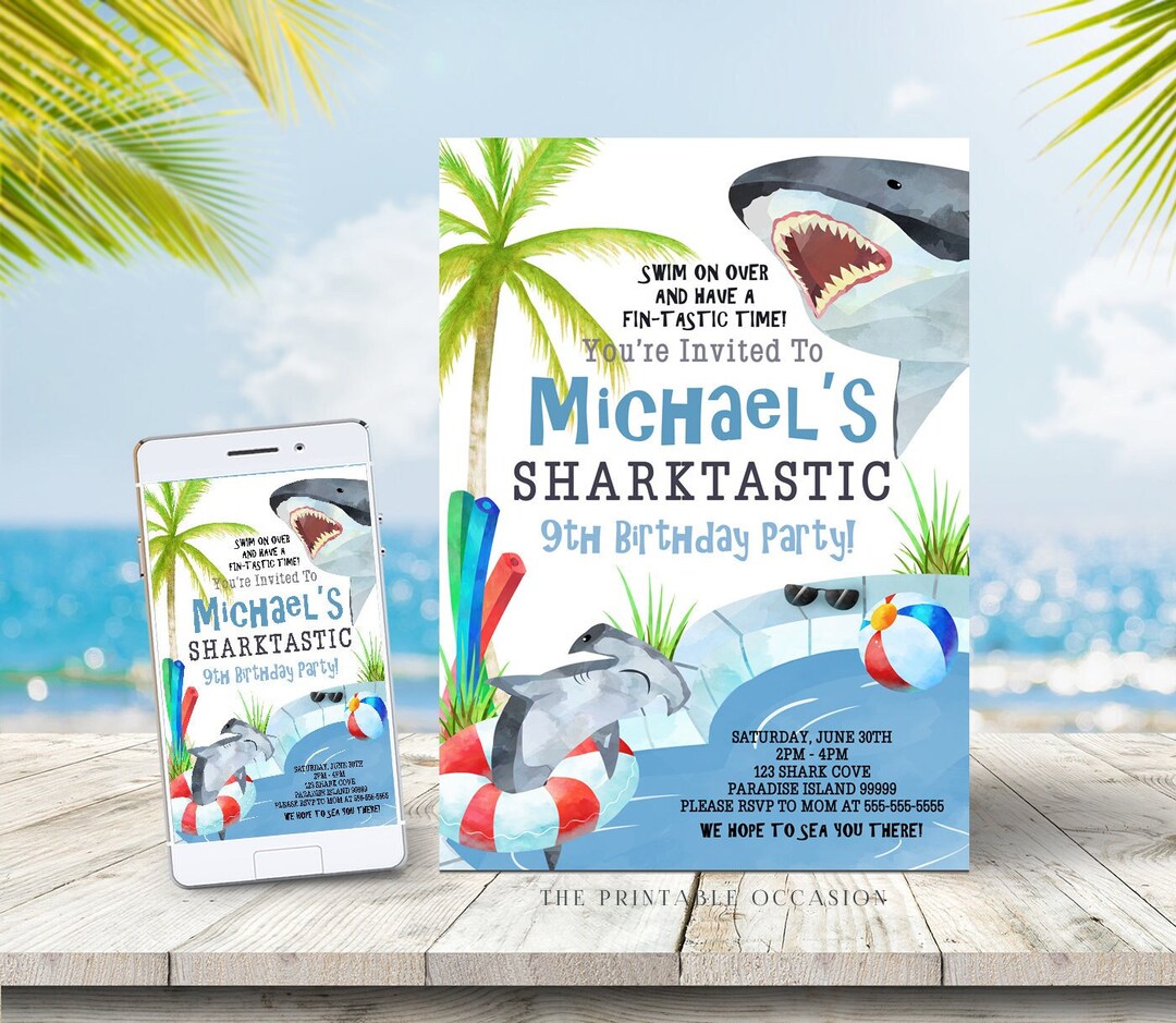 Shark Swim Party Invitations Shark Pool Party Invites Shark Birthday ...