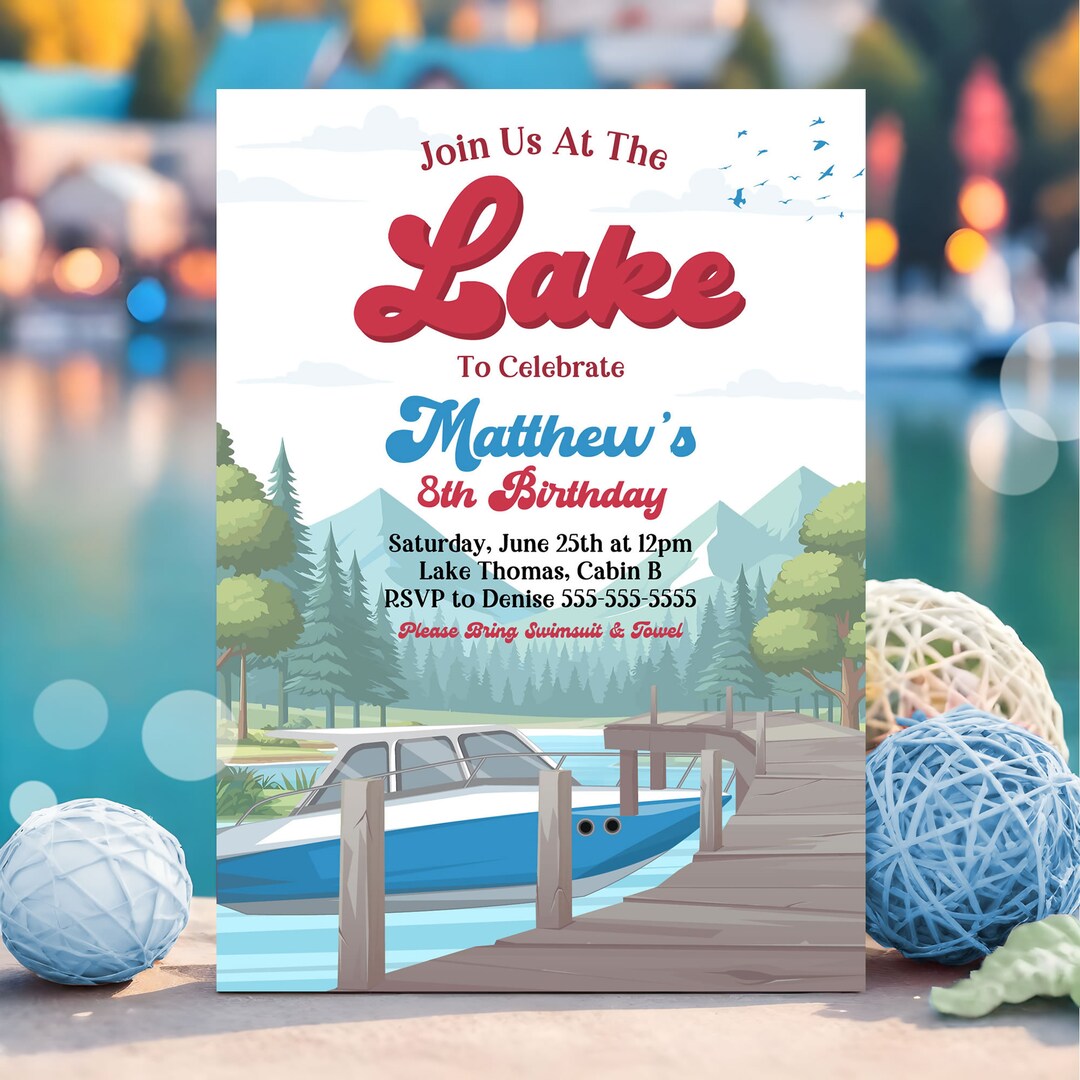 Boy's Editable Lake Birthday Party Invitation Blue Boat Lake Birthday ...
