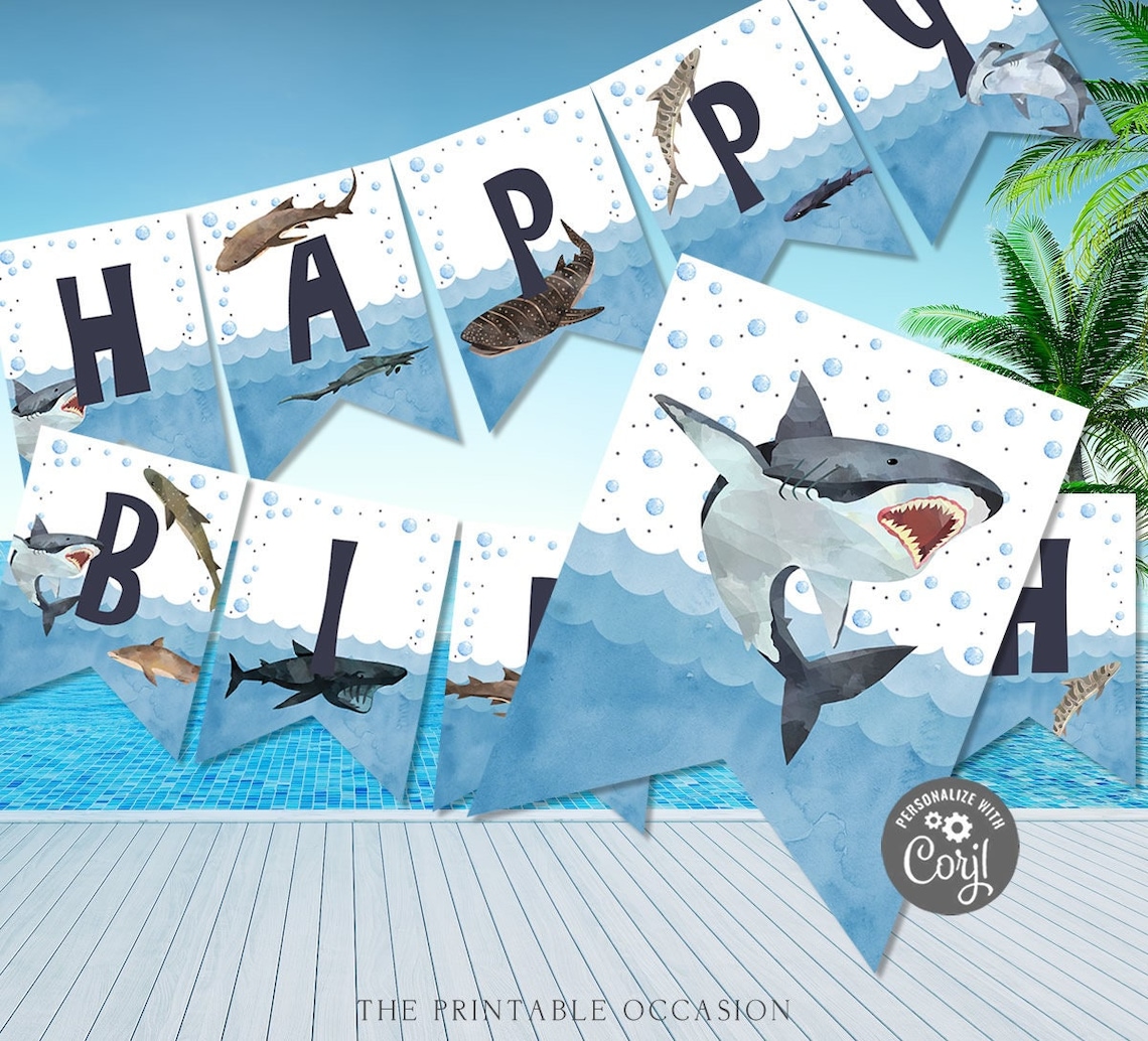 EDITABLE Shark Birthday Banner Printable Sharks Birthday - Etsy