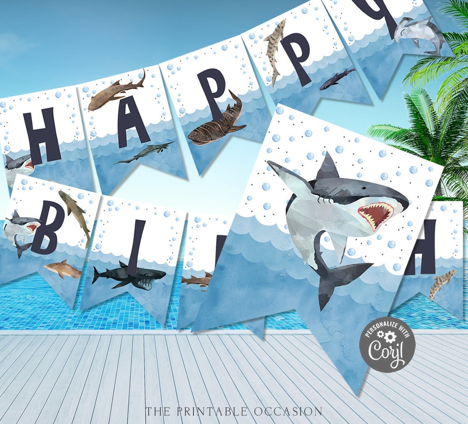 EDITABLE Shark Birthday Banner, Printable Sharks Birthday Banner ...