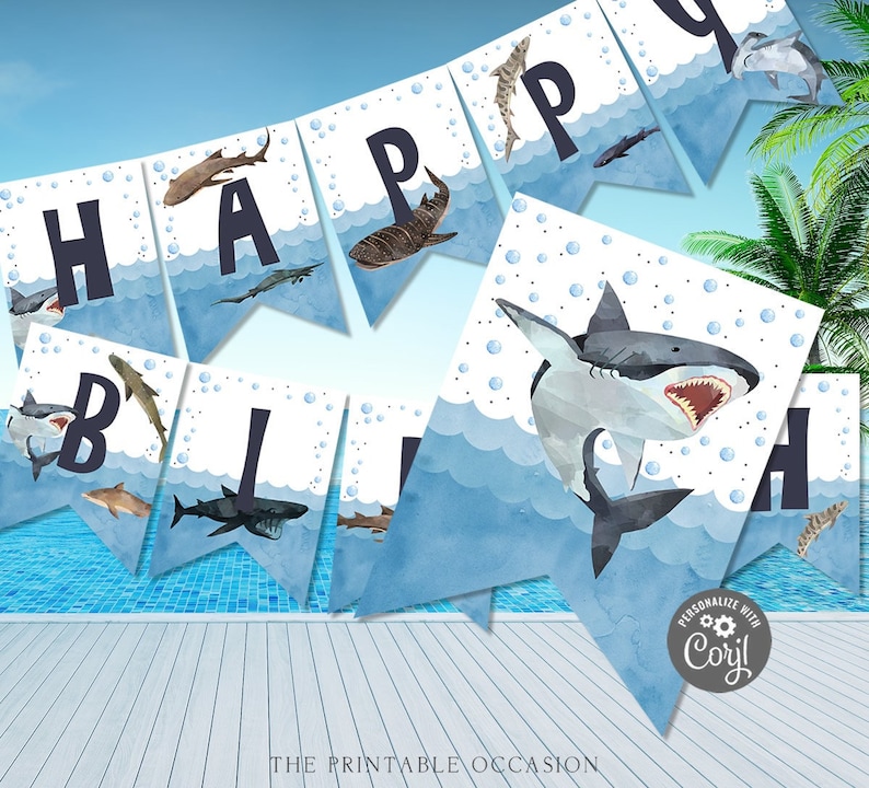 EDITABLE Shark Birthday Banner Printable Sharks Birthday - Etsy