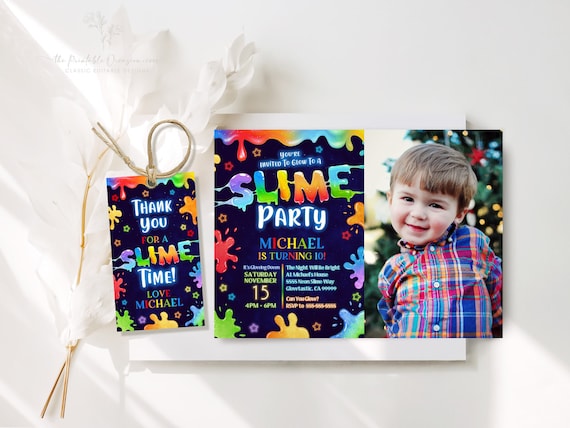 Slime Photo Invitation Editable Glow Slime Party Invitation Template ...