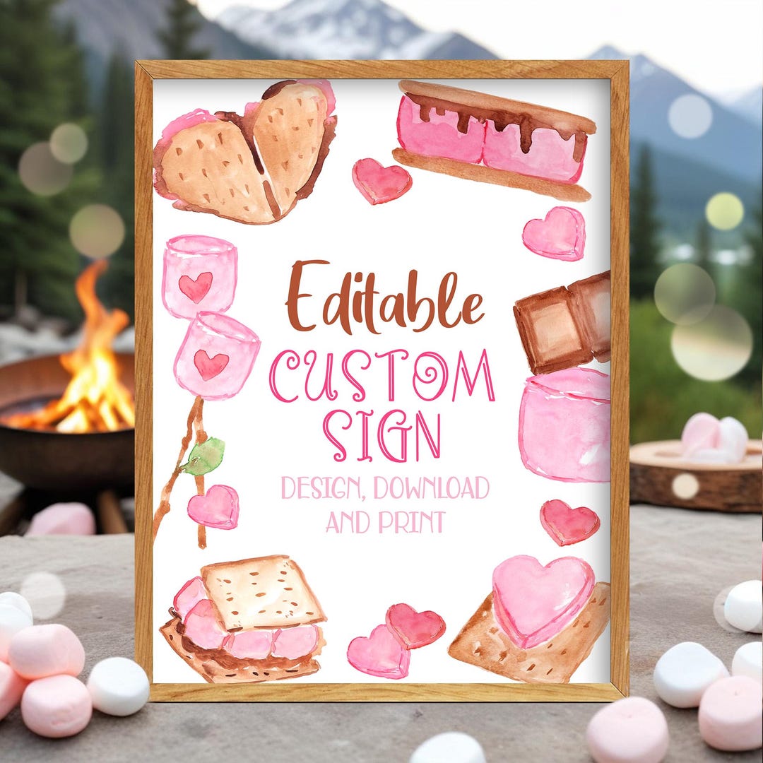 Girl Custom Smores Sign Template Printable Pink Smores Birthday Party ...