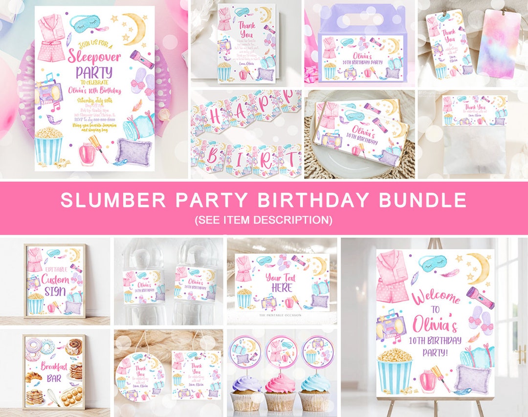 Editable Slumber Party Birthday Invitation Bundle Printable Sleepover ...