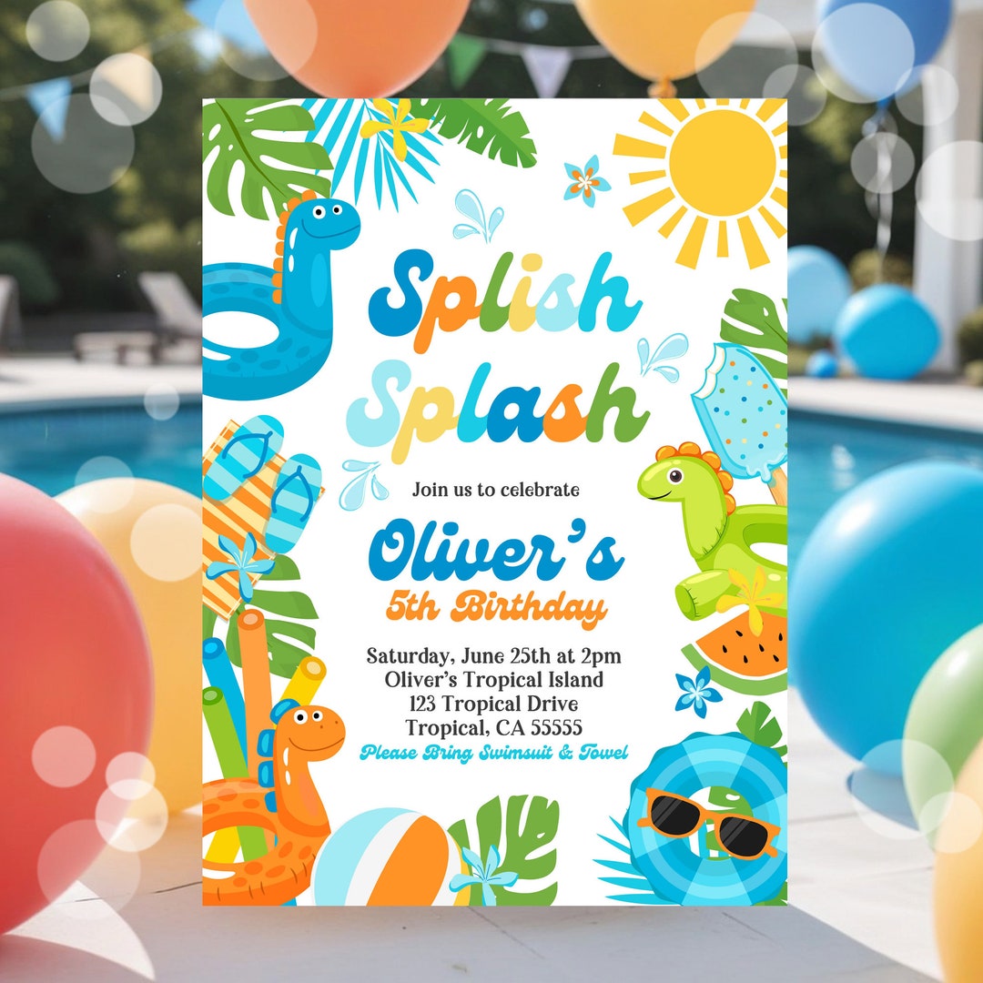 EDITABLE Dinosaur Splish Splash Water Birthday Party Invitation Dino ...