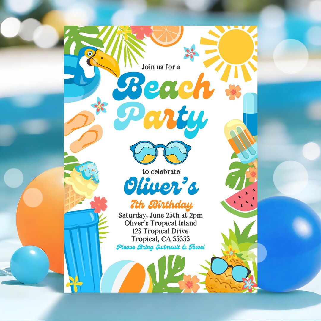 EDITABLE Beach Birthday Party Invitation Tropical Splish Splash Boy's ...