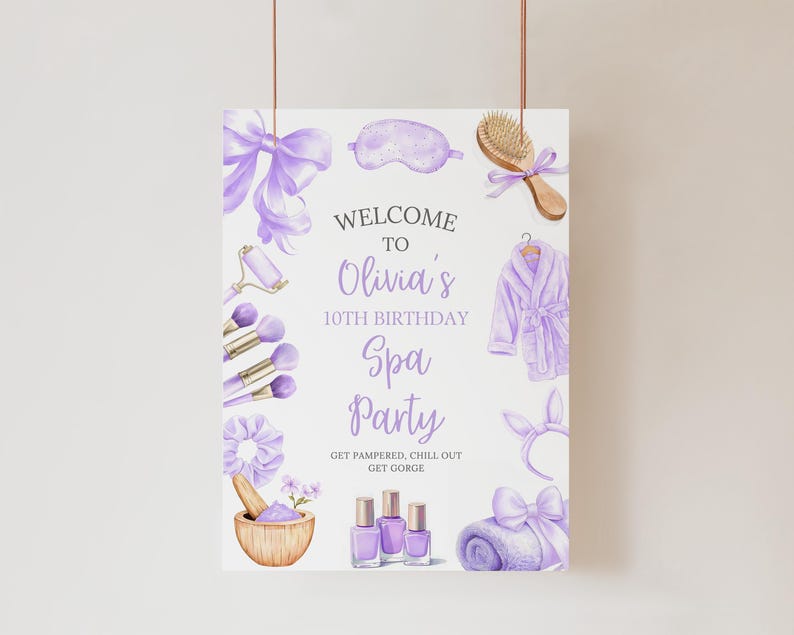 Editable Spa Birthday Welcome Sign Purple Spa Party Poster Lavender Bow ...