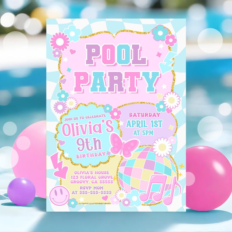 Editable Pool Party Invitation Girl Groovy Retro Birthday Invite Tween ...