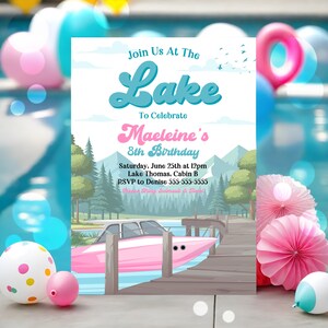 Girl's Lake Birthday Party Invitation Girl's Pink Boat Lake Birthday ...