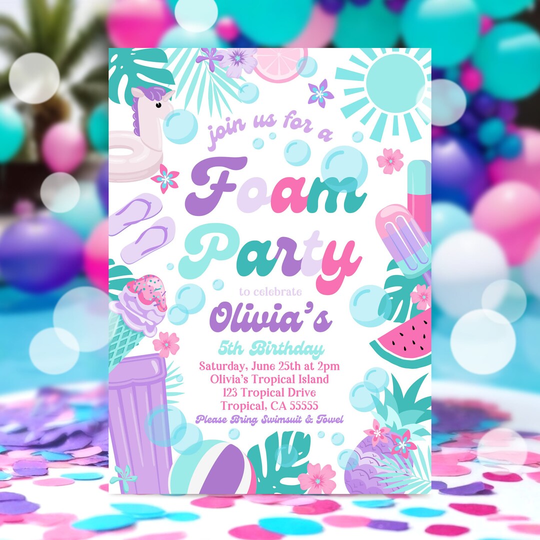 EDITABLE Foam Birthday Party Invitation Tropical Pool Foam Girly Pool ...