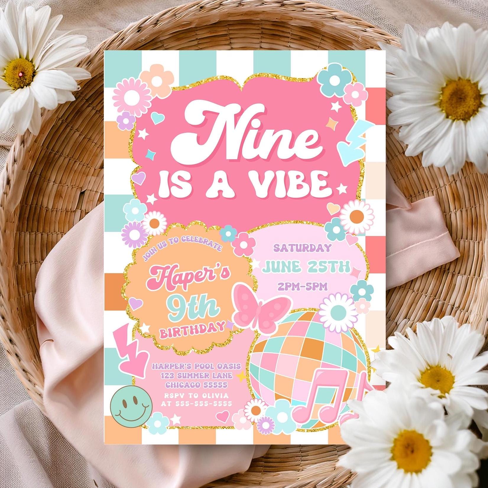Girls Groovy 9th Birthday Invitation Template Nine is A Vibe Checkered ...