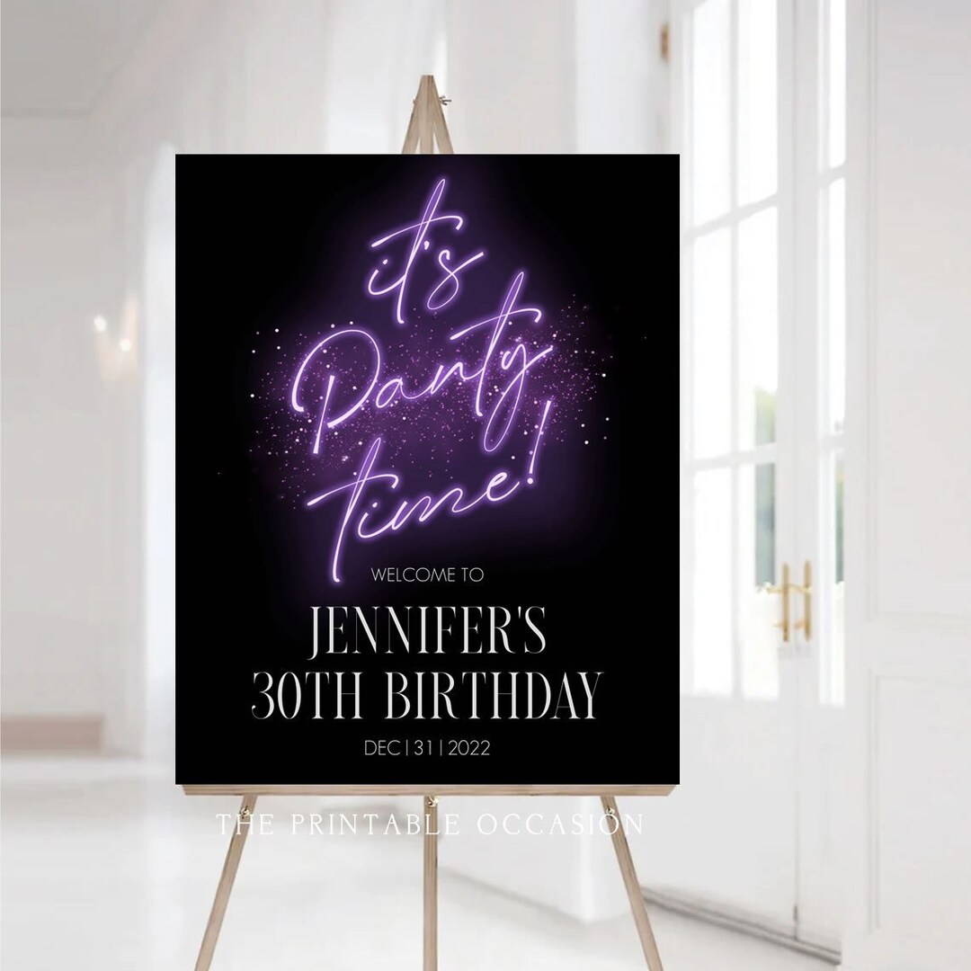 It's Party Time Welcome Sign Template Printable Purple Neon Party Sign ...