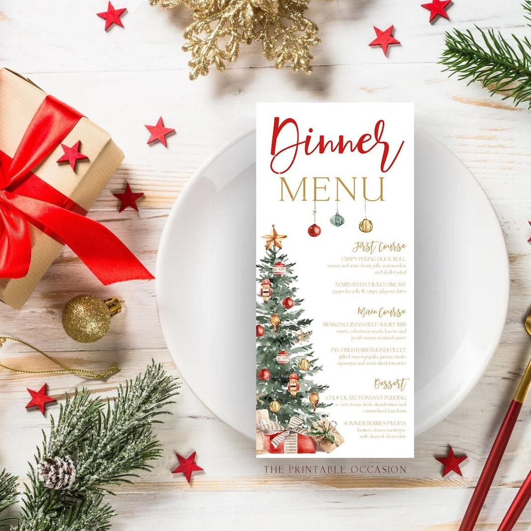 Christmas Menu Card Template Editable Red Gold Holiday Card Christmas ...
