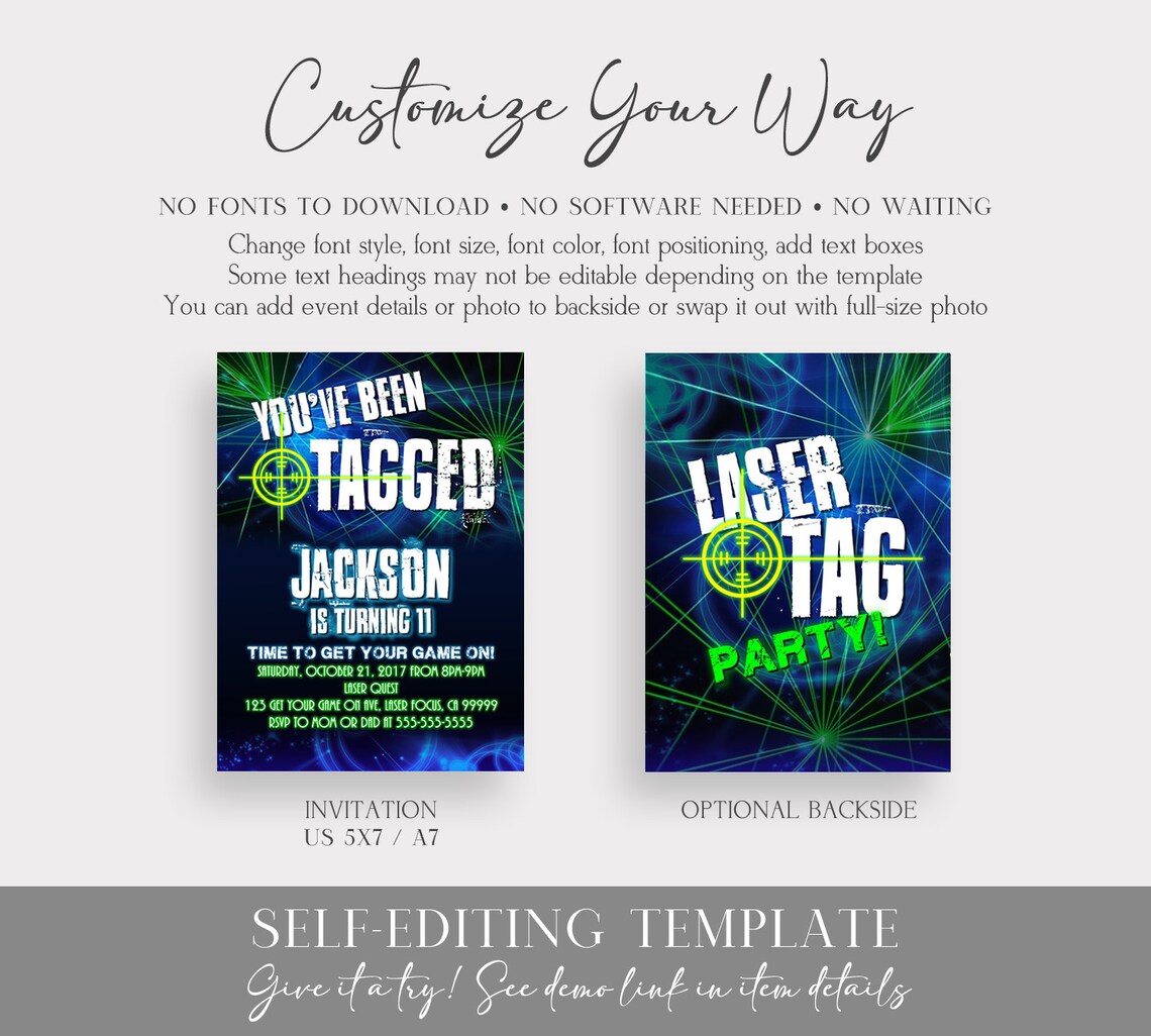 Editable Laser Tag Invitation Neon Laser Tag Birthday - Etsy
