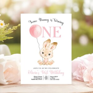 Pink Minimalist Easter Bunny Birthday Invitation Girl Some Bunny ...